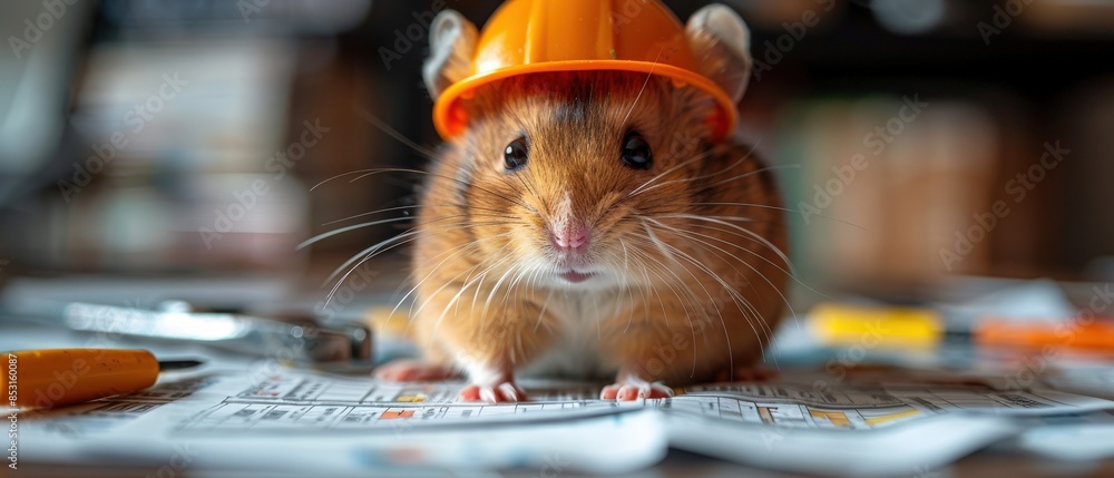cute hamster wearing construction helmet, surrounded by tiny tools ...