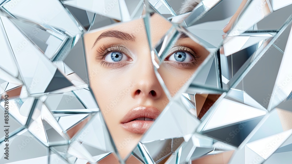 Stockillustratie A woman's face is reflected in a broken mirror. The ...