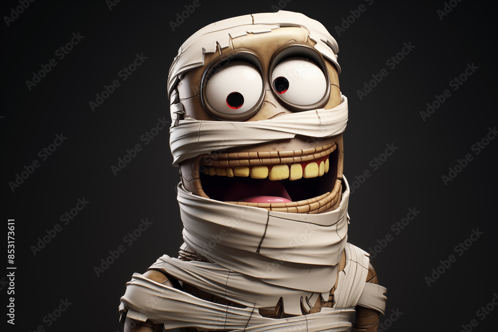 3D cartoon mummy character with bandages unraveling and a surprised ...