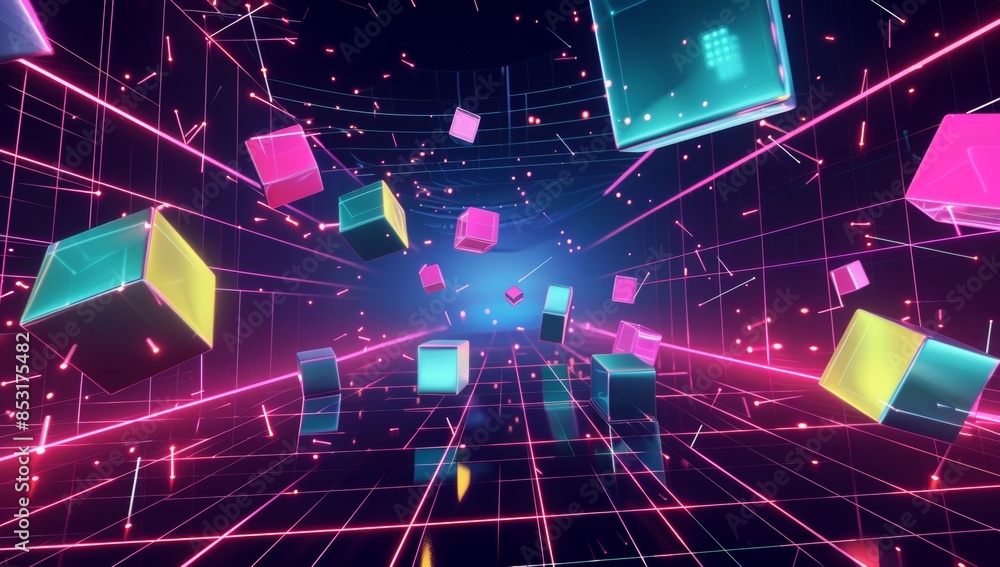 ภาพประกอบสต็อก A dark background with neon grid lines and floating ...