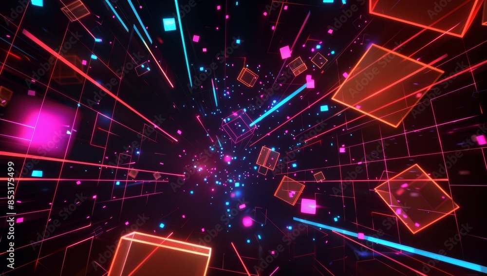 A dark background with neon grid lines and floating geometric shapes ...