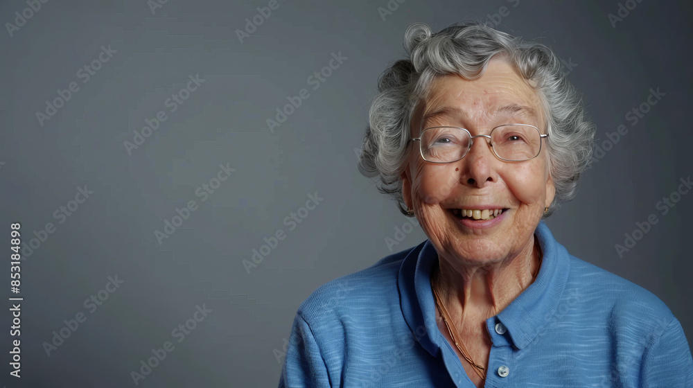 Closeup portrait of senior old woman smiling, laughing, isolated gray ...