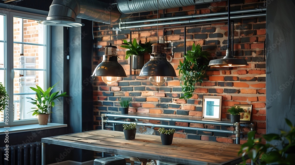 dining area with a steel-framed table, a brick accent wall, and pendant ...