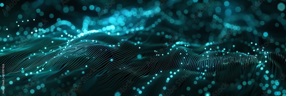 Dark background featuring glowing teal data particles and intricate ...