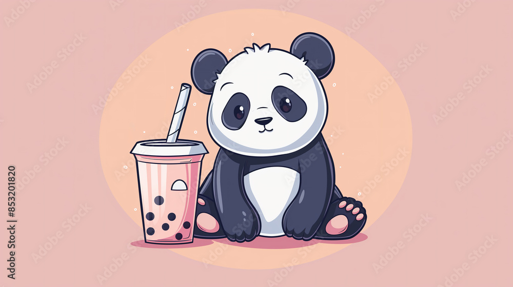 Cute cartoon panda sitting next to boba tea vector flat icon ...