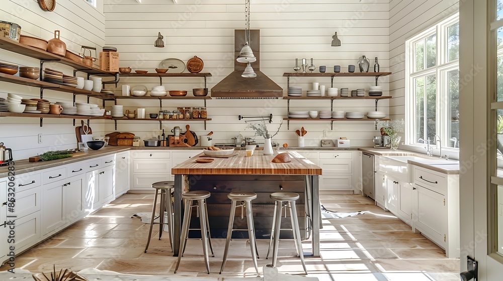 rustic kitchen with white shiplap walls, open shelving filled with ...
