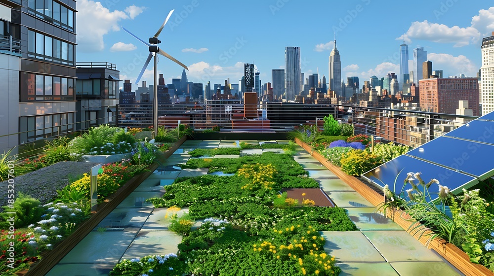 eco-friendly green terrace on a city rooftop, with sedum mats, solar ...