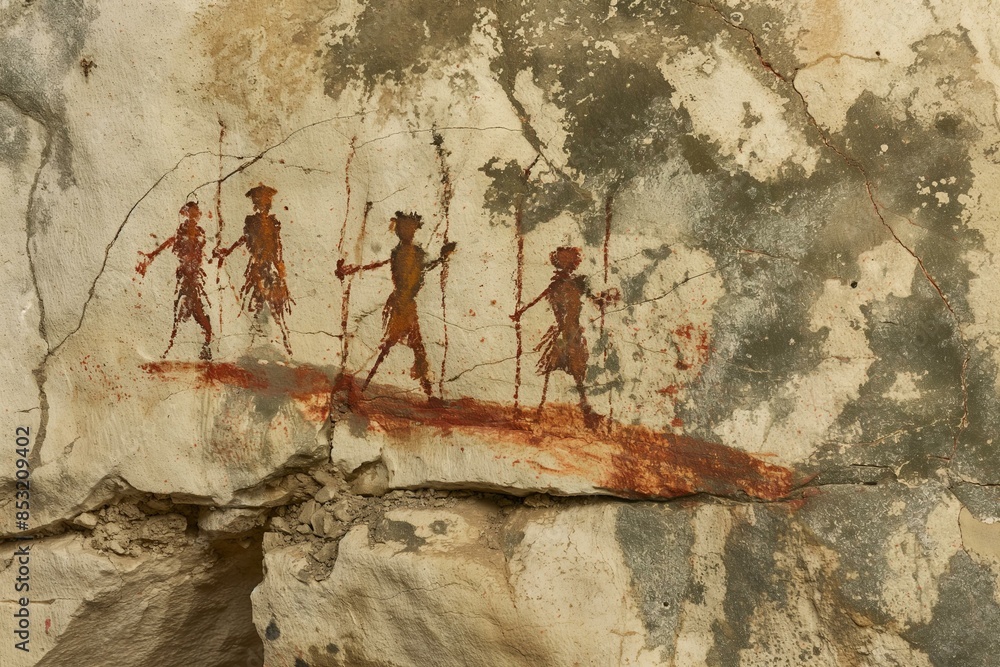 Cave painting depicting prehistoric humans engaged in hunting, with ...