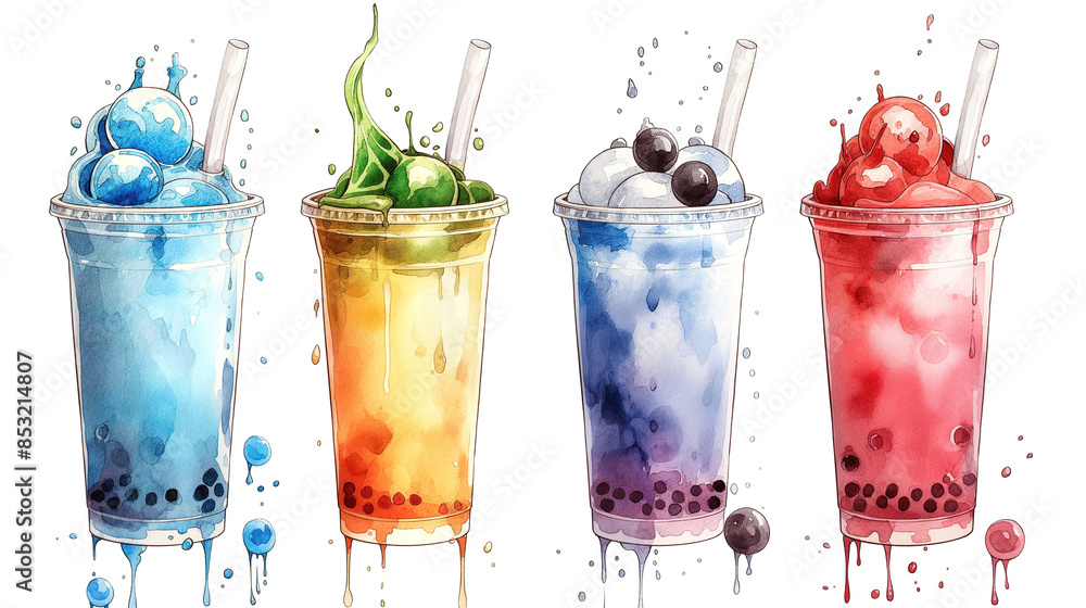 4 boba tea drinks in watercolor style, in different colors and flavors ...