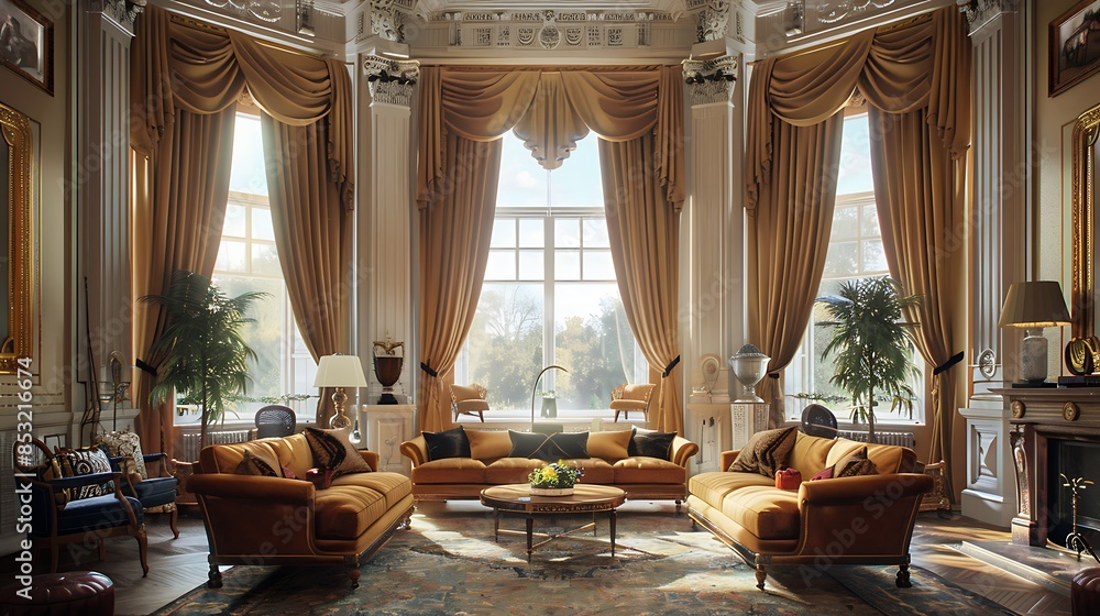 opulent drawing room with plush seating, intricate crown moldings, and ...