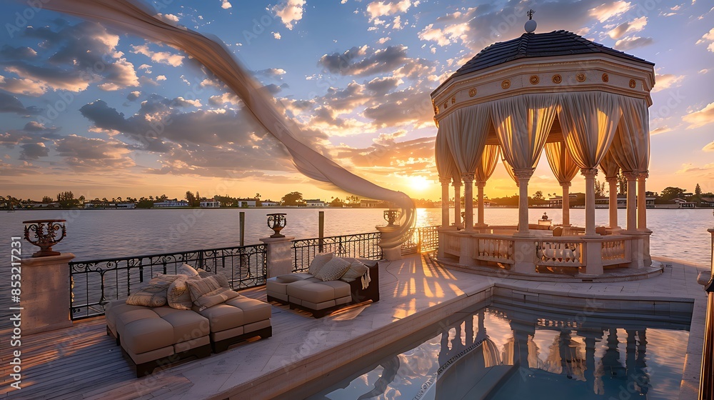 opulent waterfront gazebo built on a pier, featuring sheer drapery ...