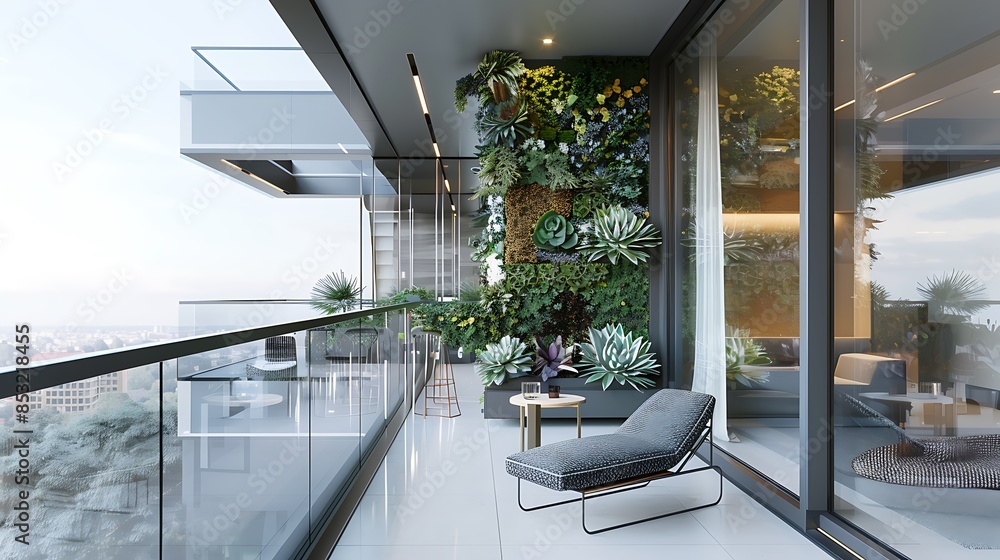 ultra-modern balcony with glass balustrades, minimalistic furniture ...