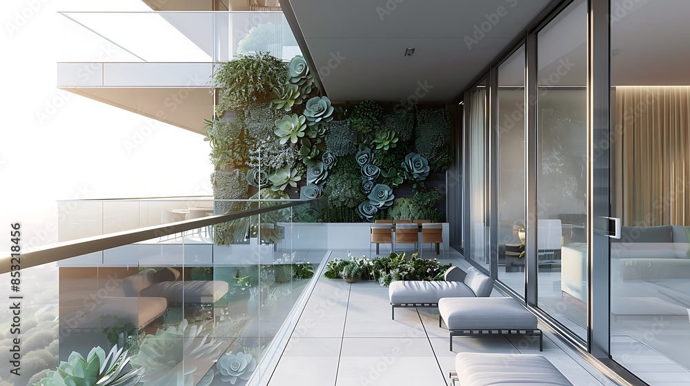 ultra-modern balcony with glass balustrades, minimalistic furniture ...