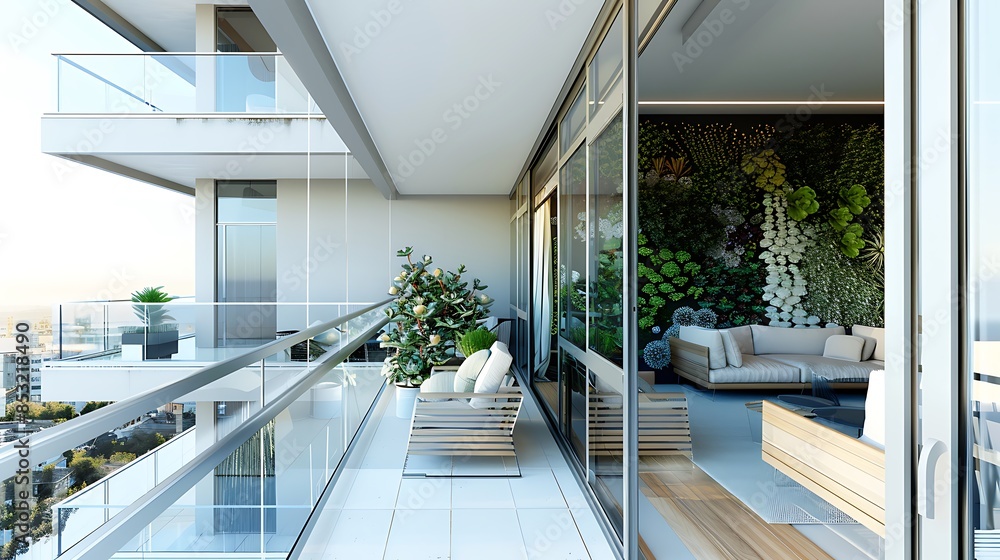 ultra-modern balcony with glass balustrades, minimalistic furniture ...