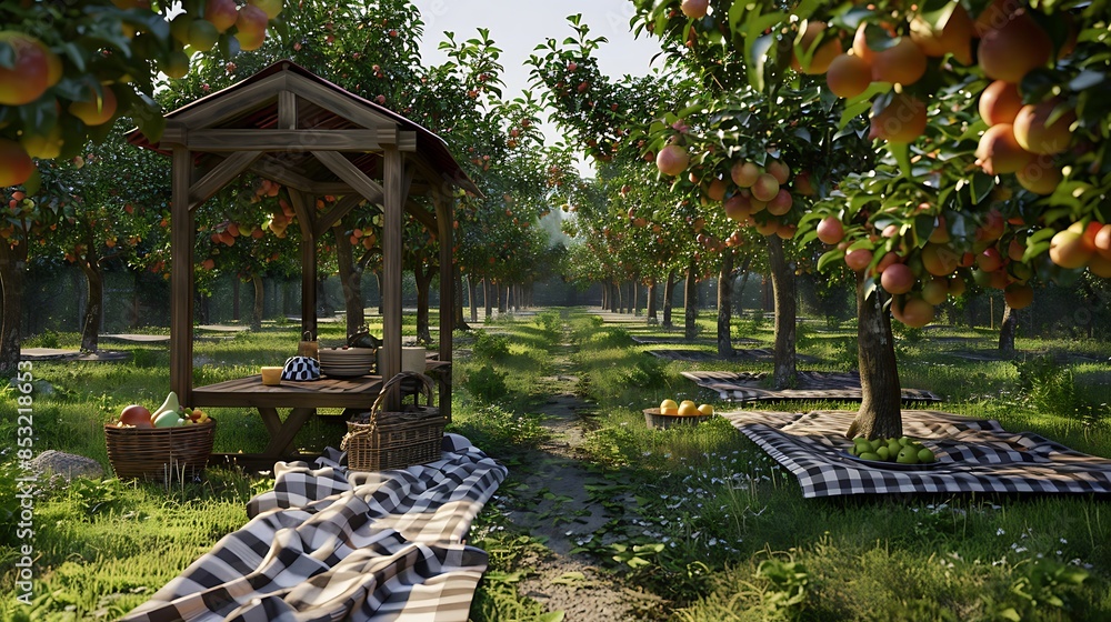 backyard orchard with rows of fruit trees, a small wooden gazebo for ...
