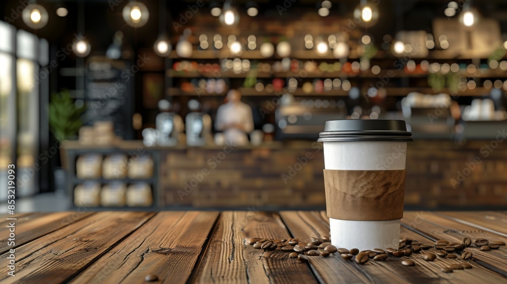 Coffee to go cup on wood table, coffee shop counter top. Blank labeled ...