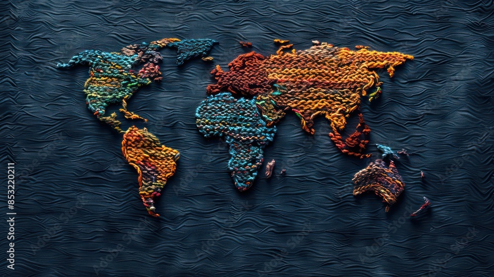 Knitted world map in various colors on a dark background. The world map ...