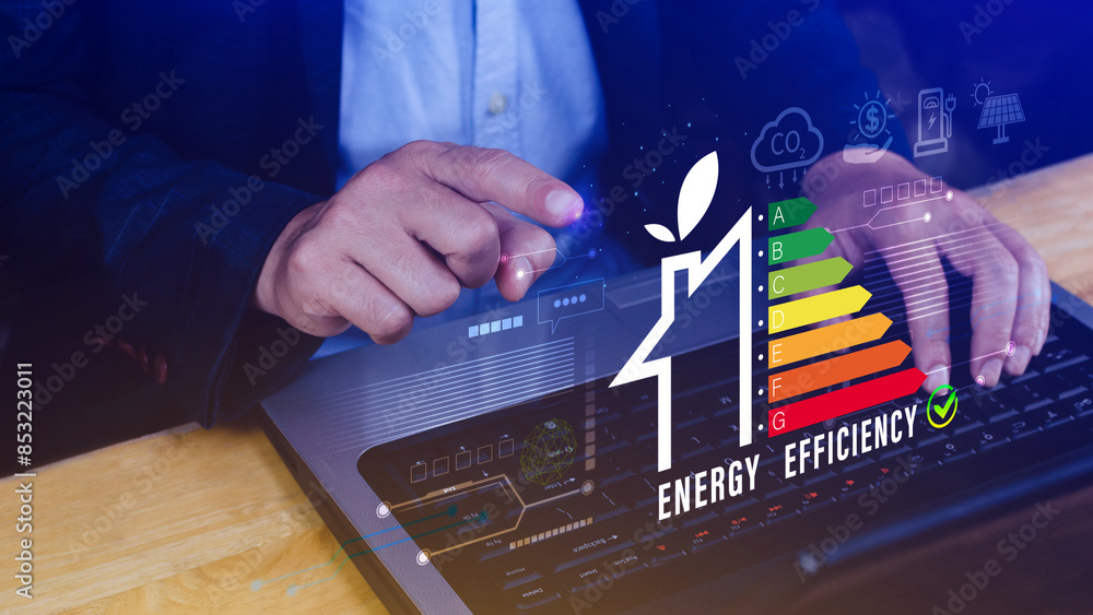 Energy efficiency concept, Businessman touching virtual screen of ...