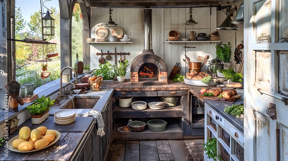 farmhouse-style outdoor kitchen with a wood-fired oven, a farmhouse ...