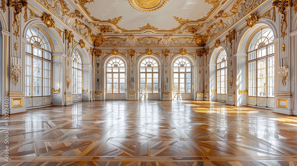 grandiose ballroom with gold leaf detailing on the ceilings, massive ...