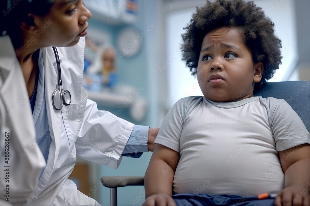 An overweight boy black child is being consulted by dietetic ...
