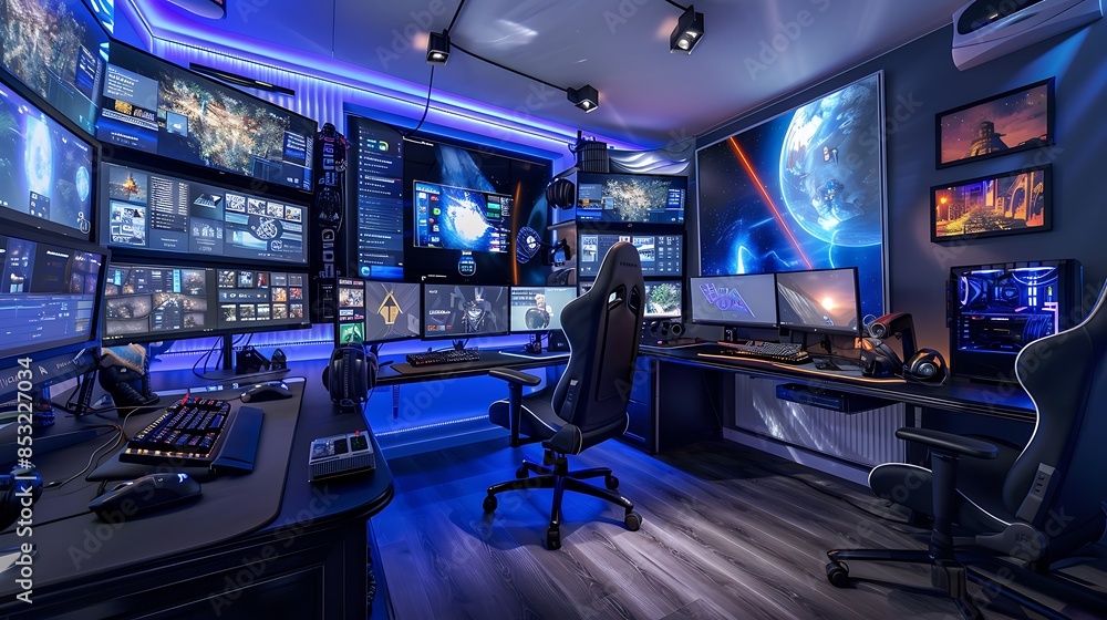 high-end gaming room with multiple screens, ergonomic chairs, and a ...