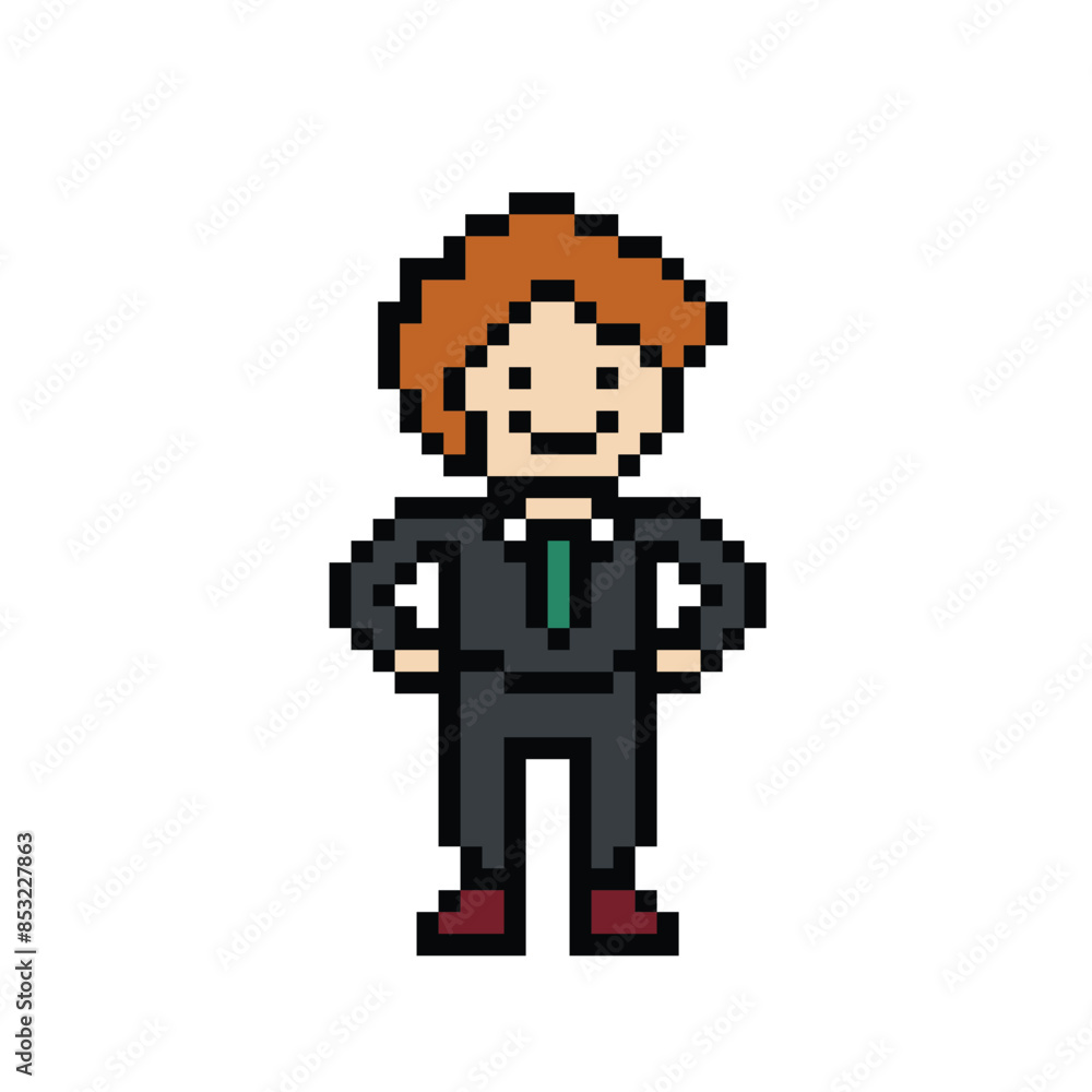 Cute pixel cartoon 8bit character business man businessman smart game ...