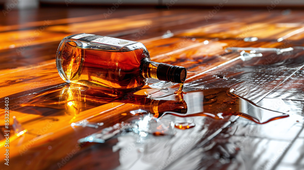 smashed broken bottle of whiskey on the floor, alcoholic drunk man ...