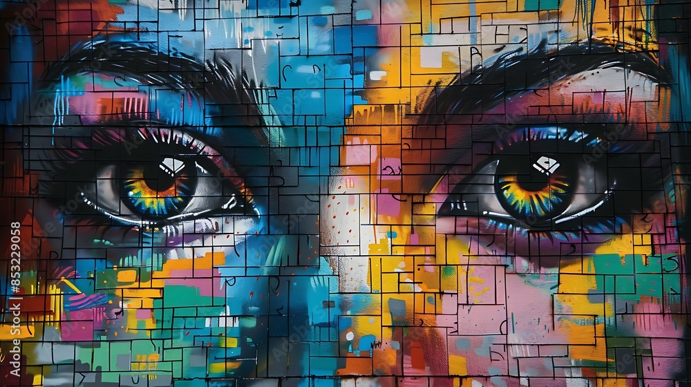 colorful street art graffiti mural of beautiful woman's face with big ...