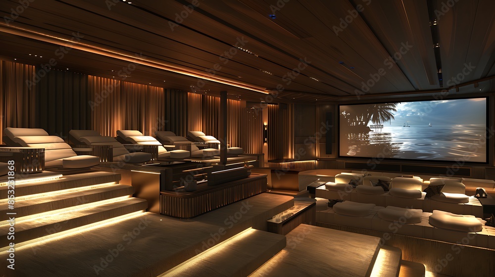 luxurious media room with tiered seating, a large projection screen ...
