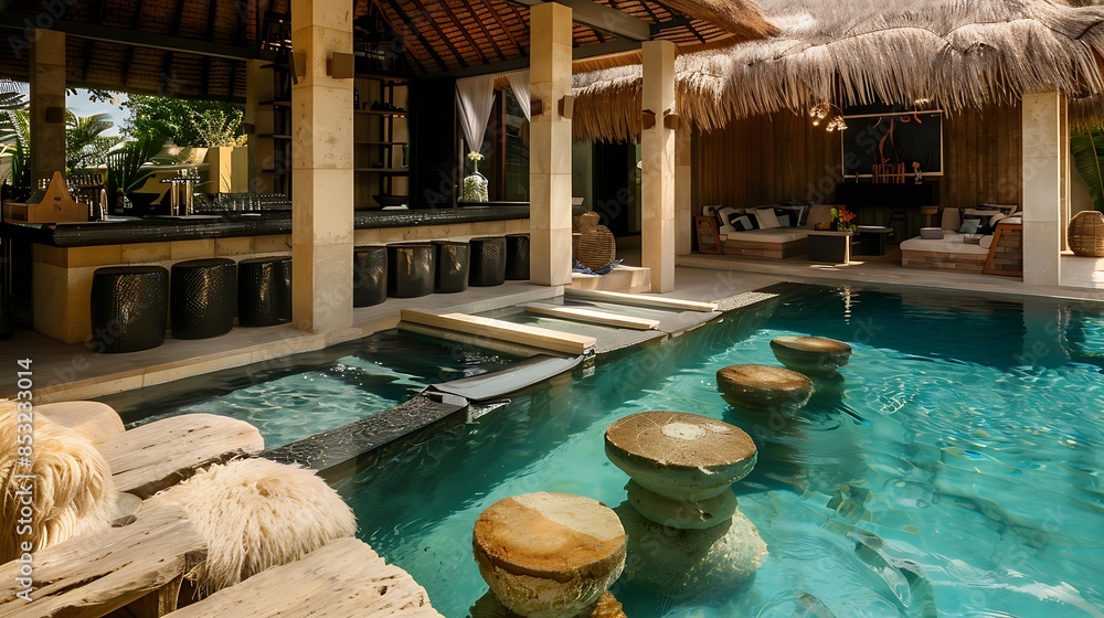 luxurious pool area with a swim-up bar, underwater stools made from ...