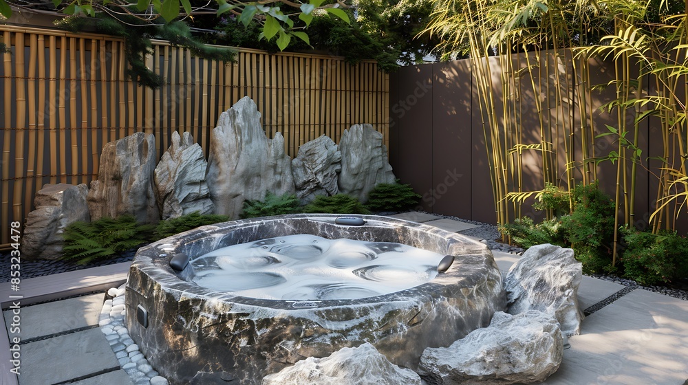 luxury spa retreat in the backyard, featuring a natural stone hot tub ...