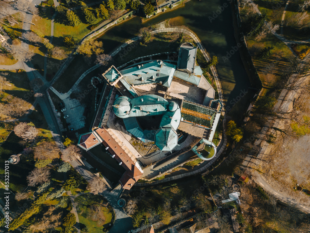 Aerial top down view of Bojnicky Zamok in evening sunlight, famous ...