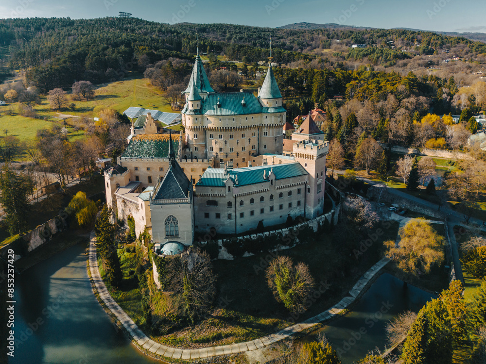 Aerial perspective panoramic view of Bojnice Castle in Slovakia. Scenic ...