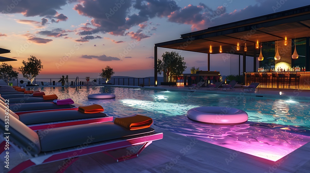 sophisticated poolside lounge with a zero-edge pool, floating sun ...
