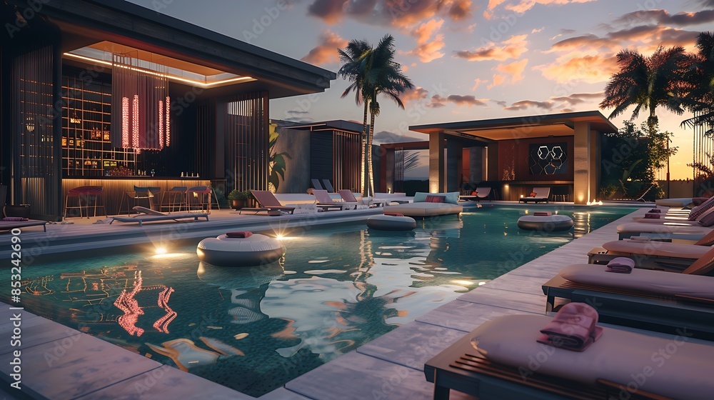 sophisticated poolside lounge with a zero-edge pool, floating sun ...