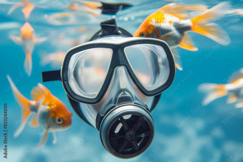 A fish wearing a respirator mask underwater symbolizes the effects of ...