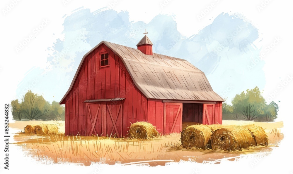 Farm-themed cartoon barn design featuring straw bales and hay piles ...