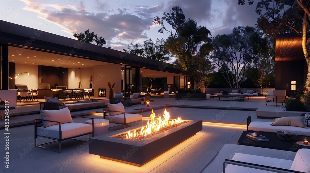 stylish outdoor lounge with modern furniture, a fire pit, and ambient ...