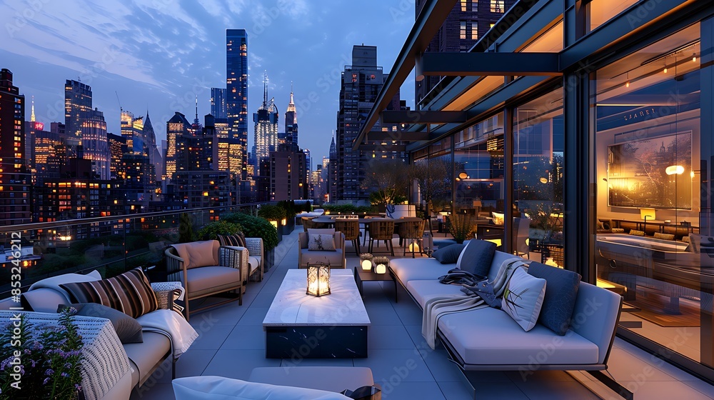 stylish rooftop lounge with modern outdoor furniture, ambient lighting ...