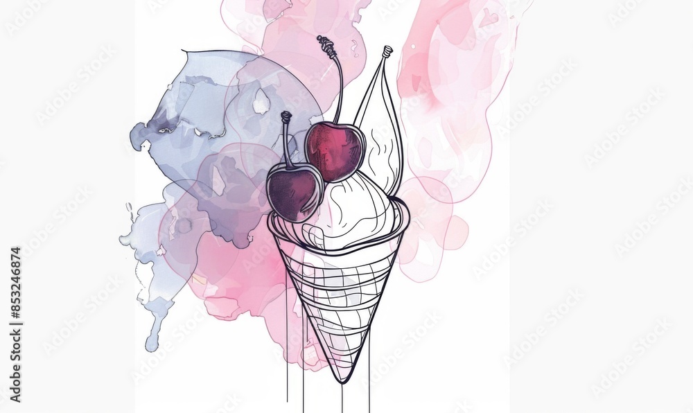 Continuous one line drawing of ice cream with cherry. Ice cream gelato ...