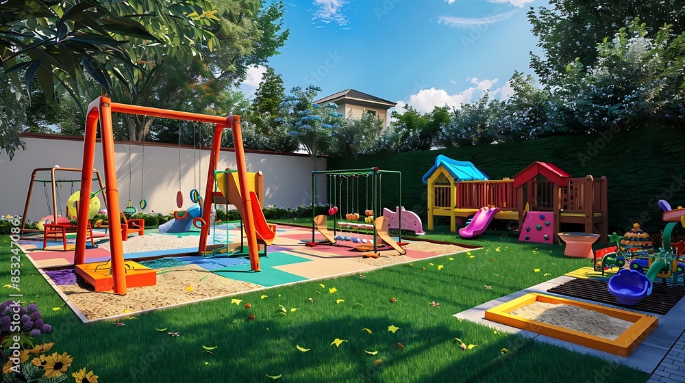 vibrant play area on a backyard lawn, equipped with a colorful jungle ...