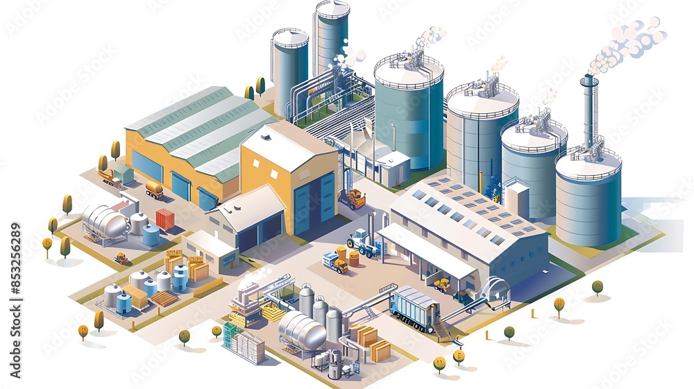 Isometric factory complex with warehouses and silos vector image Stock ...