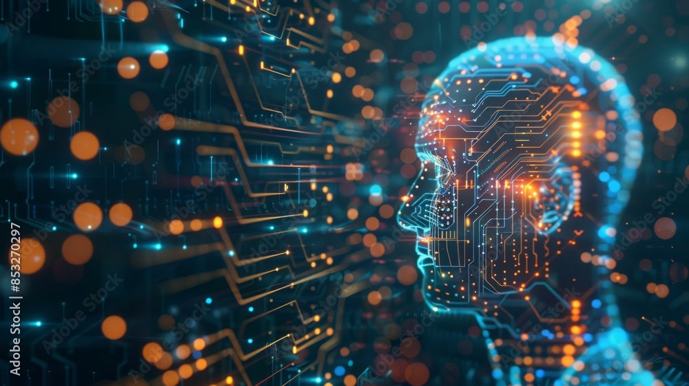 Cybernetic mind, AI neural network visualization. AI humanoid head ...