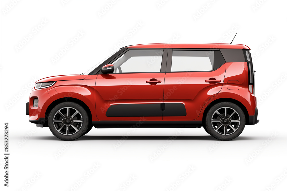 A red 4x4 car showing a side view, on a white background with a white ...