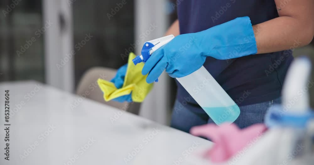 Hands, wipe and liquid for cleaning counter in home, disinfection and ...
