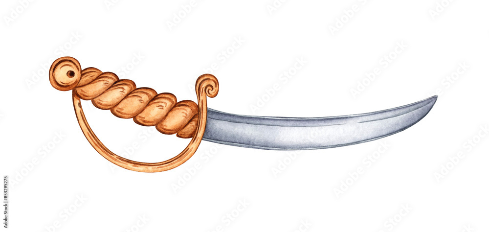 Saber with brass hilt, watercolor illustration. A curved melee infantry ...
