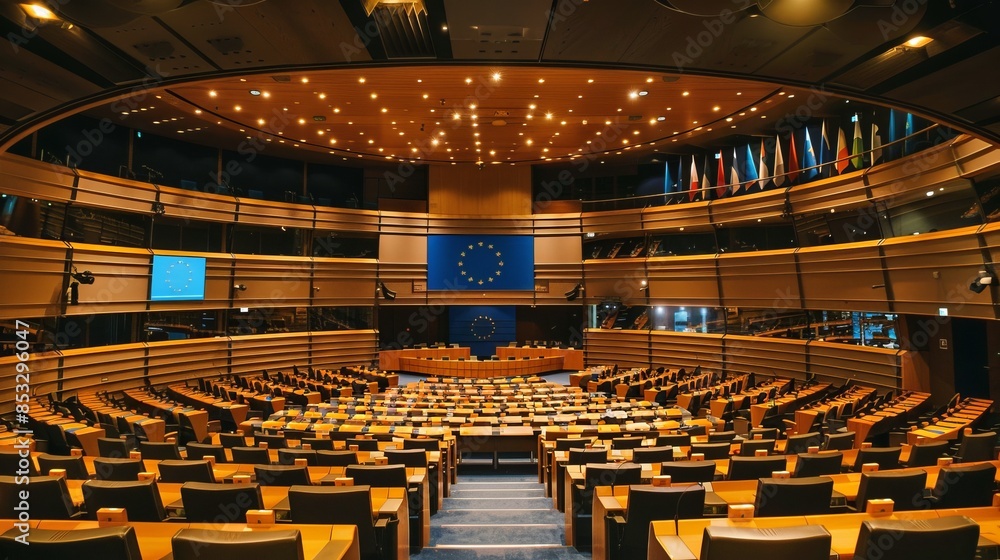 Modern parliamentary hall with wooden seats and overhead lights. A ...