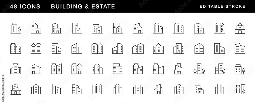 Building icon collection. Estate icon set. real estate, skyscrapers ...