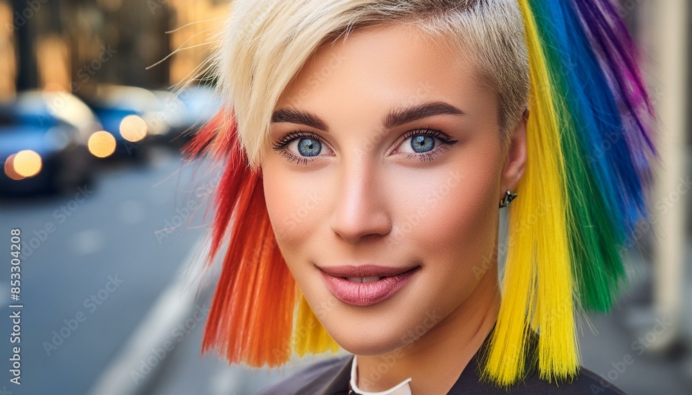 a young blonde woman with mohawk in lgbtq colors and blue eyes looks ...